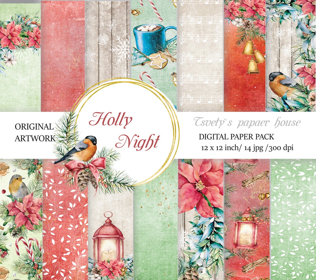 Traditional Christmas Digital Paper Tree Scrapbook Wood Winter Red and ...