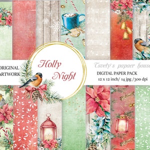 Traditional Christmas Digital Paper Tree Scrapbook Wood Winter Red and ...