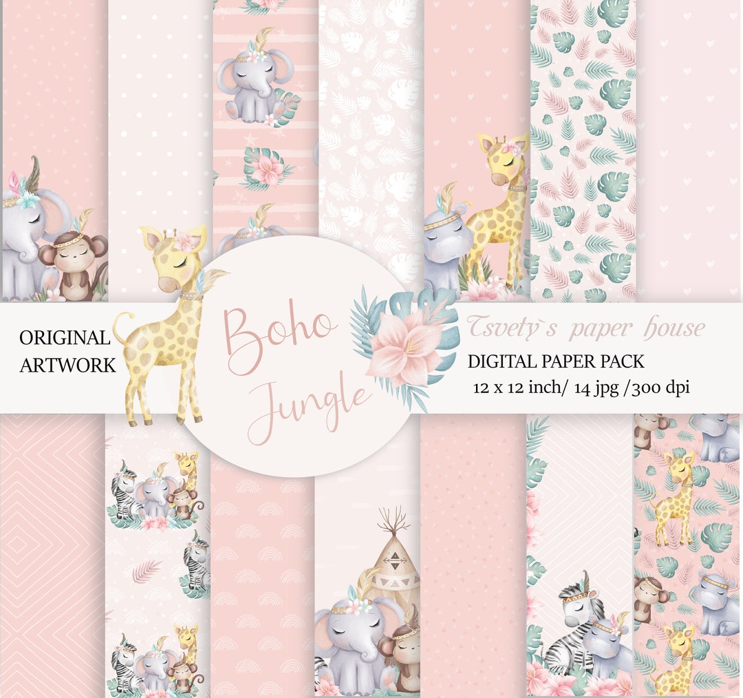 Baby Girl Digital Paper Little Animals Jungle Scrapbook Background ...