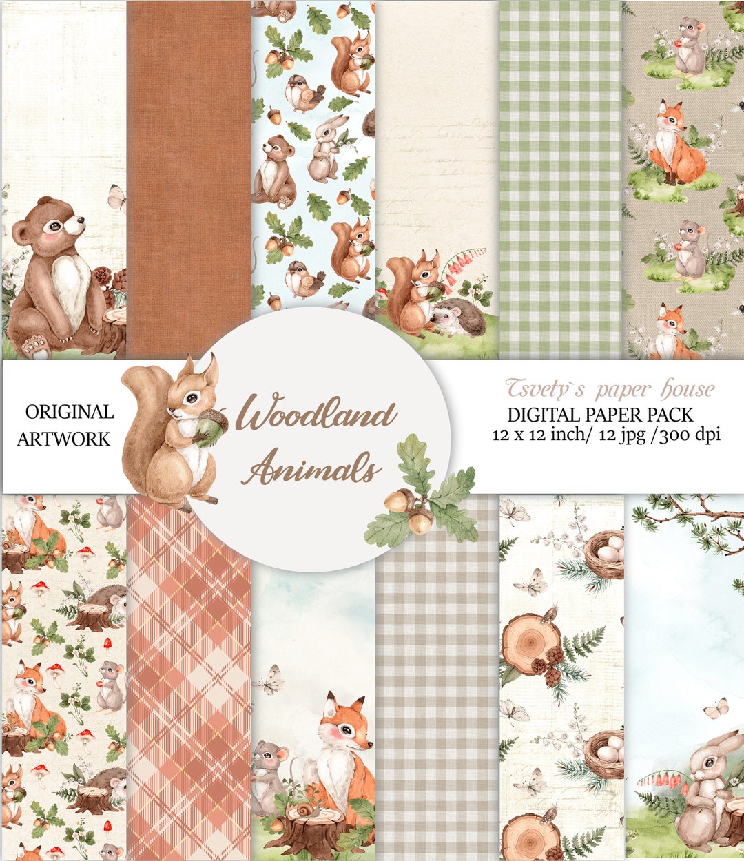 Watercolor Cute Woodland Digital Paper Pack, Bear, Fox, Rabit,baby ...