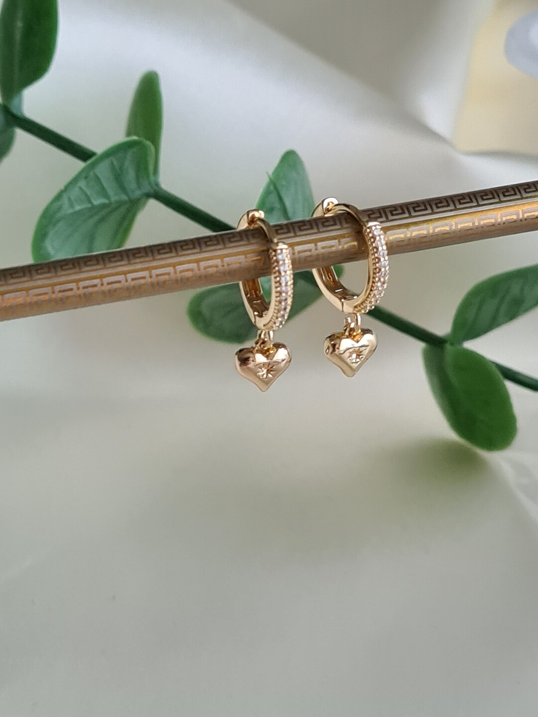 Cute 18K Gold Heart Zircon Huggies. Gold Huggie Hoop Earrings ...