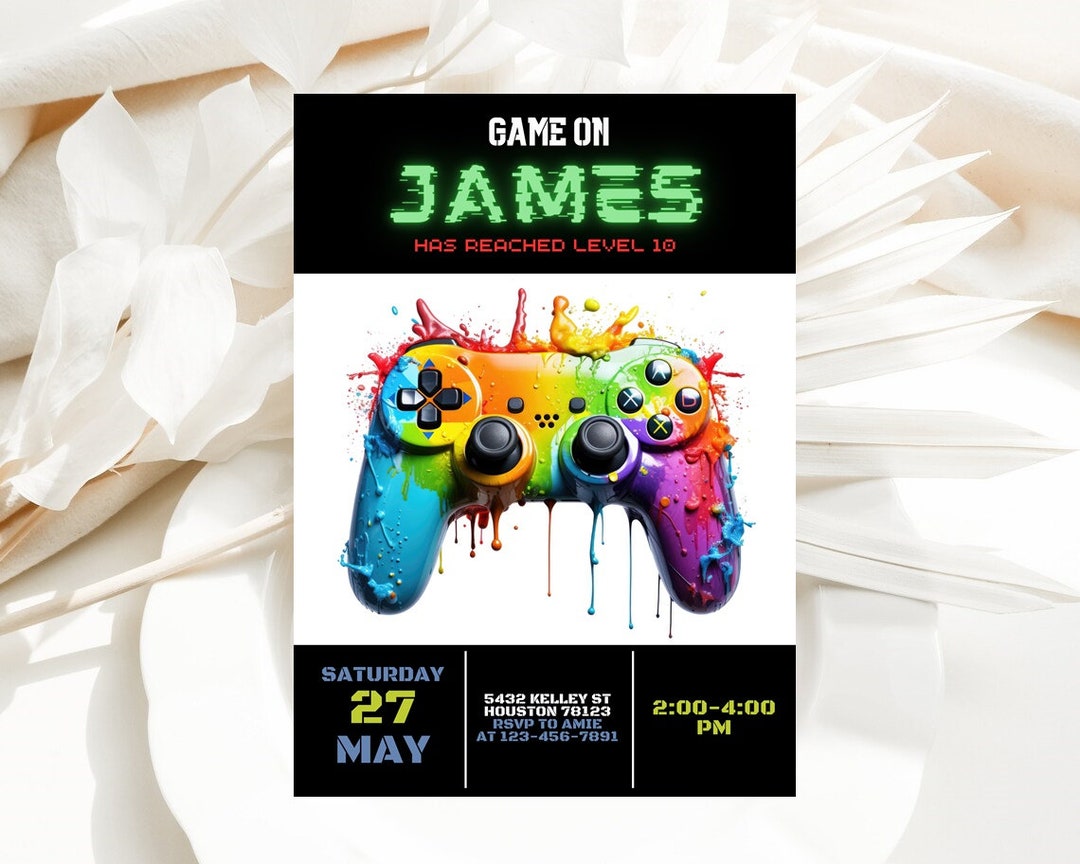 Video Game Birthday Invitation Template, Video Game Invitation, Neon ...