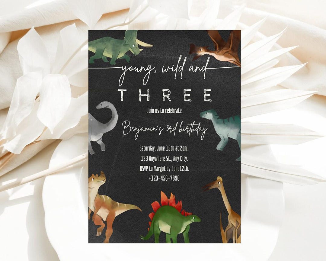 Editable Dinosaur 3rd Birthday Invitation Template | Three Birthday Rex ...
