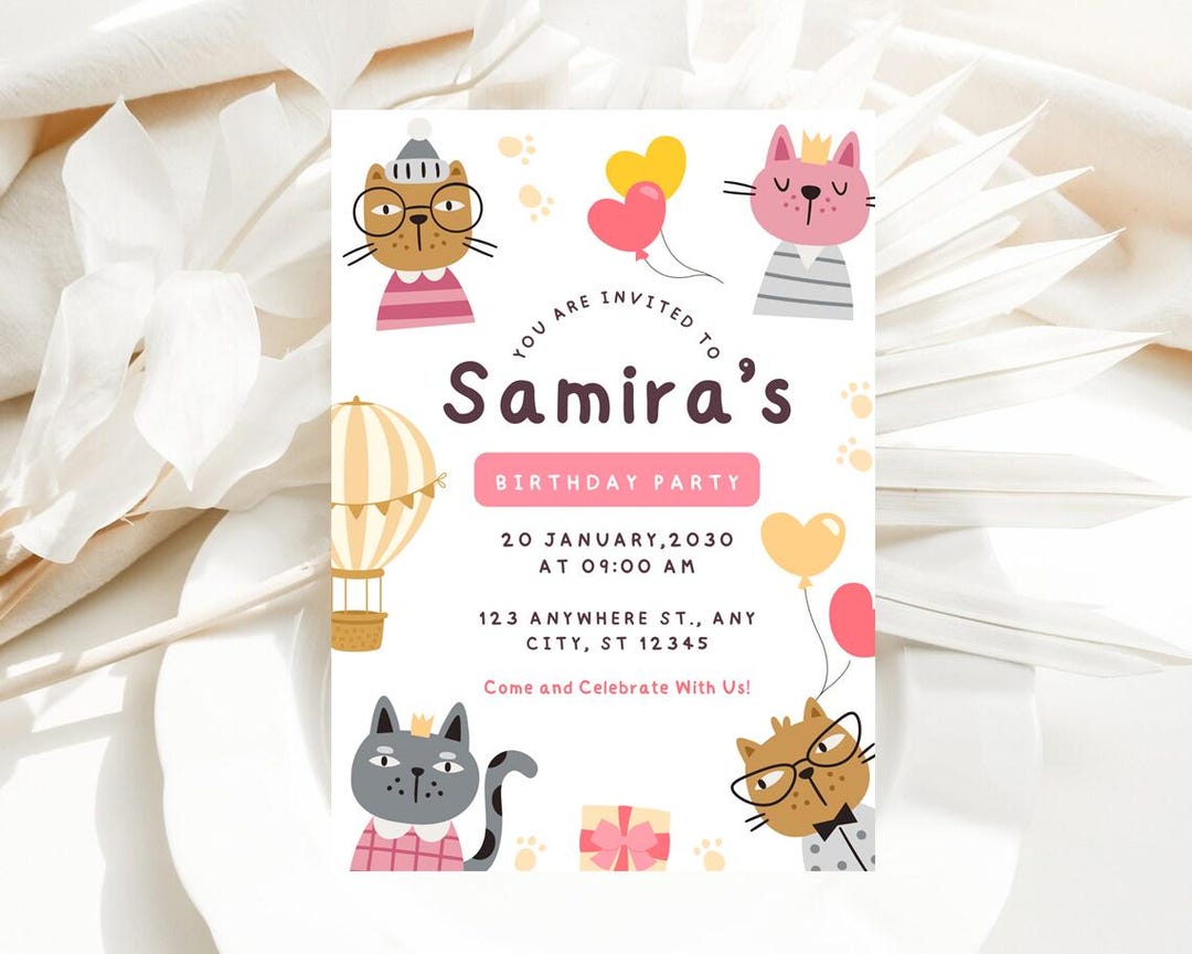 Cat Themed Birthday Invitation, Cat Birthday Invite, Cat Birthday ...
