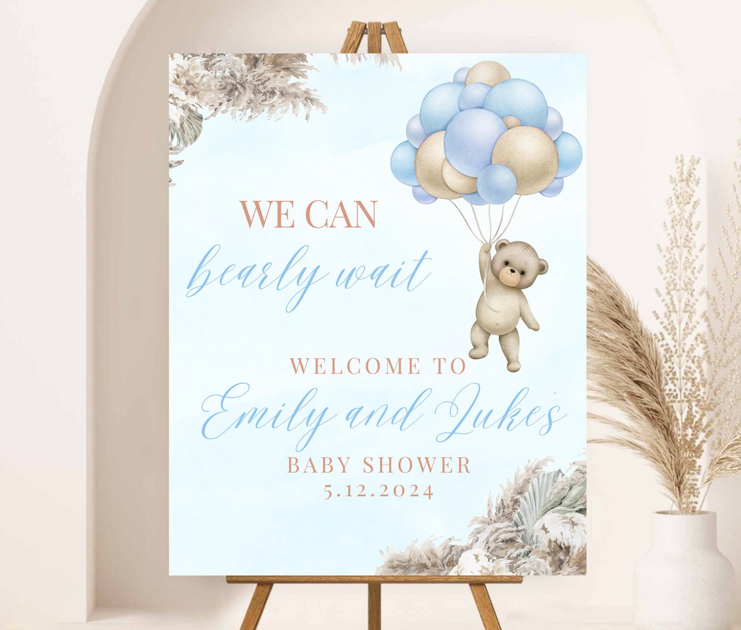 Editable Blue Hot Air Balloon Boho Blue Bear Editable Baby Shower ...