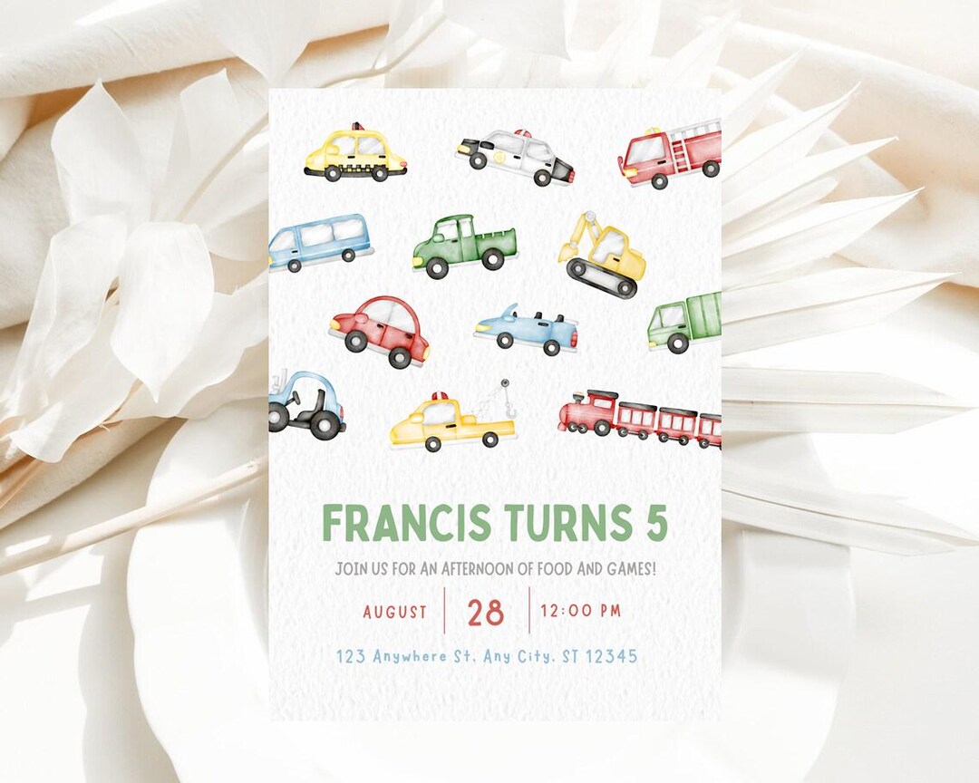 Transportation Birthday Invitation Template, Editable Cars and Trucks ...