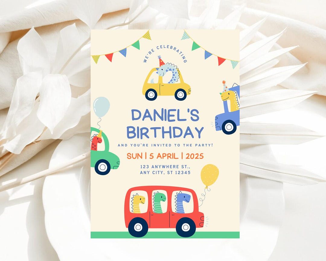 Dinosaur Racers Birthday Invitation, Race Cars Invite, Editable Rally ...