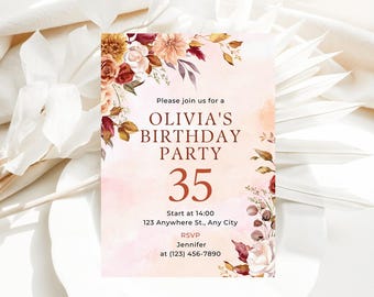 Autumn Birthday Party Invitation, Fall Floral Birthday Invite, Pumpkin ...