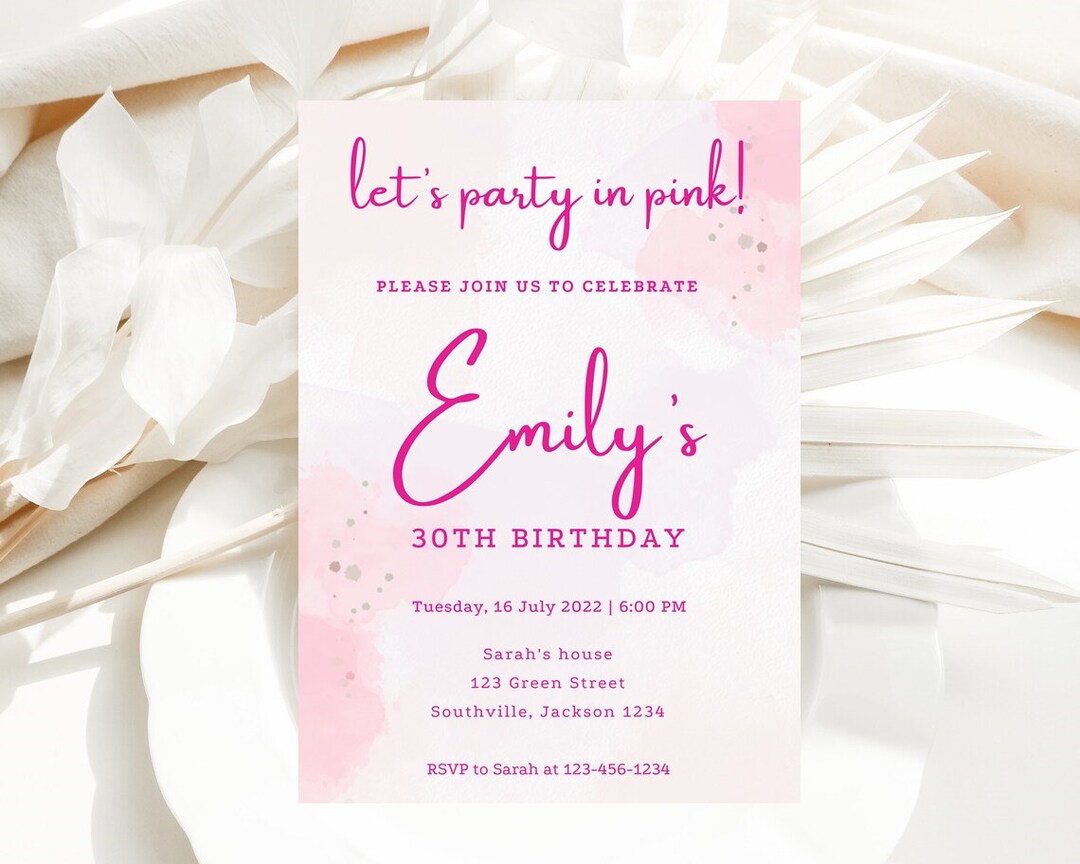 Editable Pink Birthday Invitation Printable Watercolor Pink Editable ...