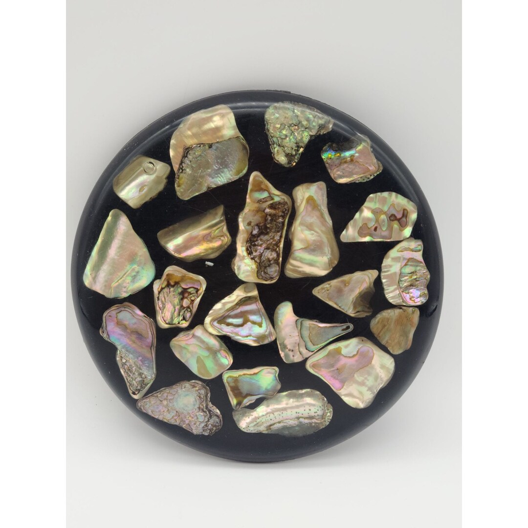 Vintage Abalone Shell Lucite Black Trivet Round Hot Plate Mother of ...