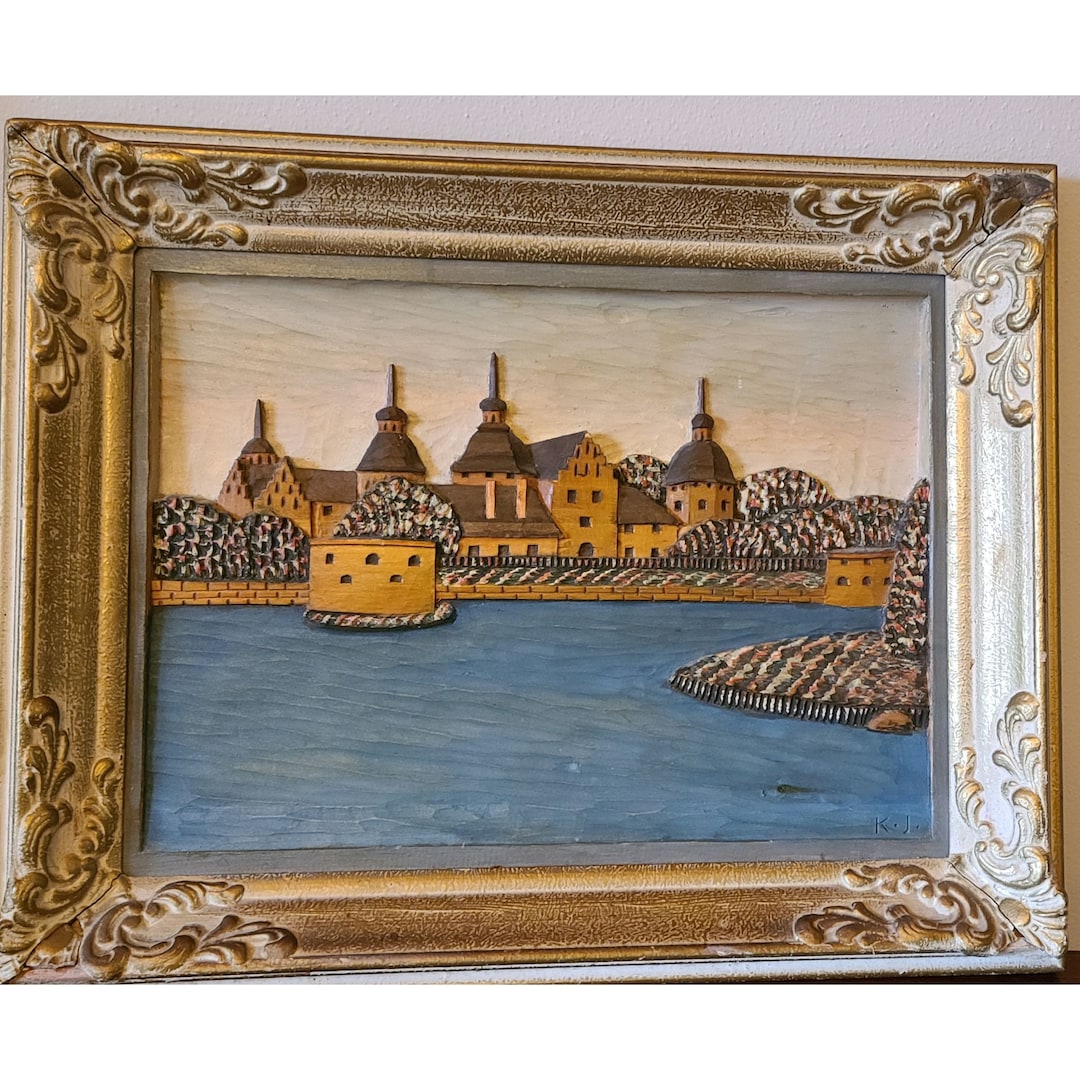 VTG Hand Carved Wood Relief Wall Art Castle by the Lake Ornate Frame ...