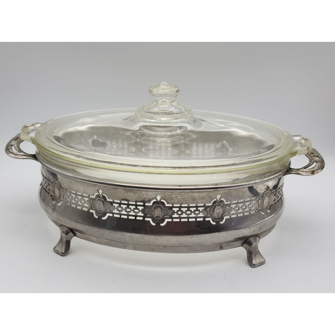 Vintage Pyrex Glass Casserole Dish 634 Lid Silver Footed Holder Carrier ...
