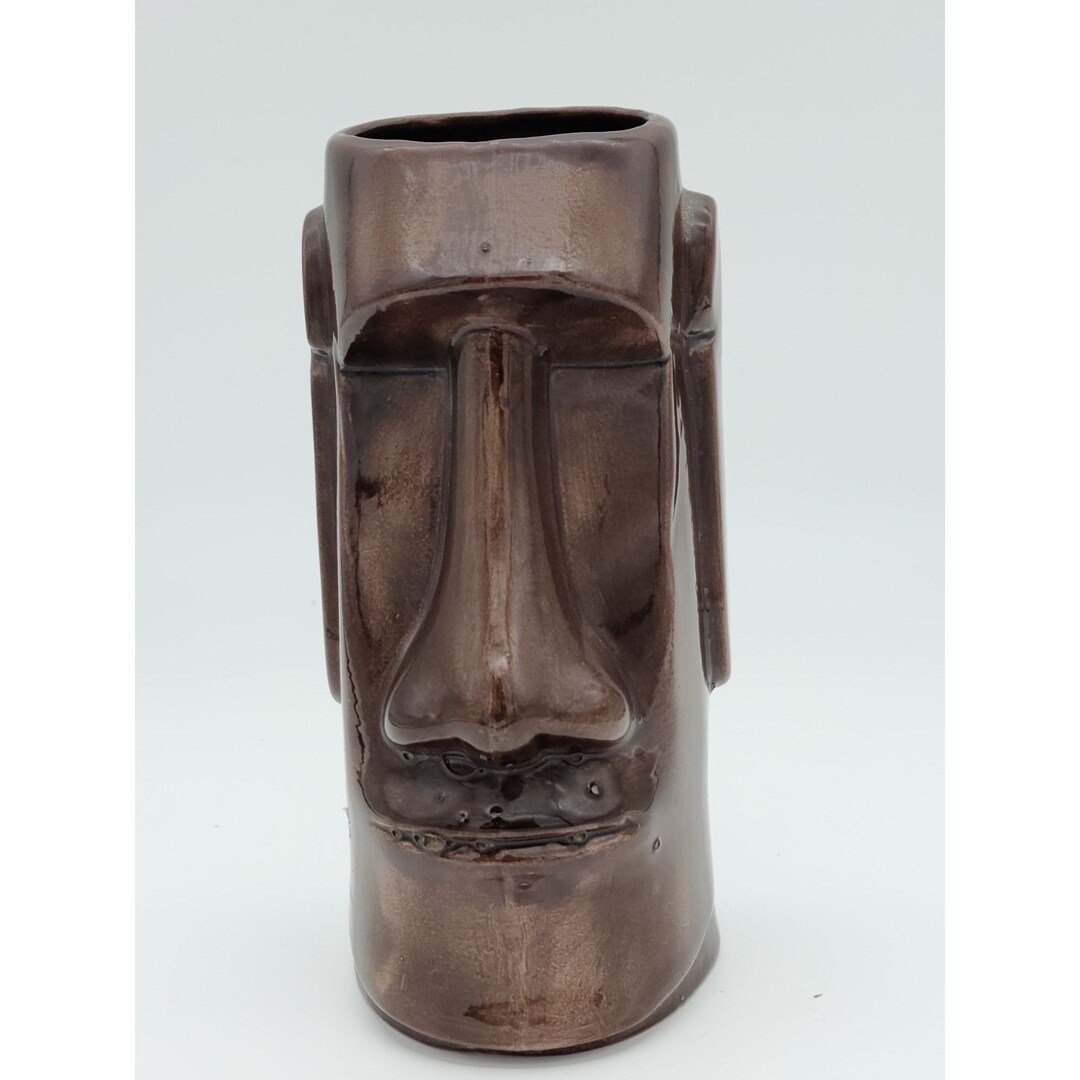Vintage Tiki Chalkware Vase Hawaiian Easter Island Brown Planter Signed ...