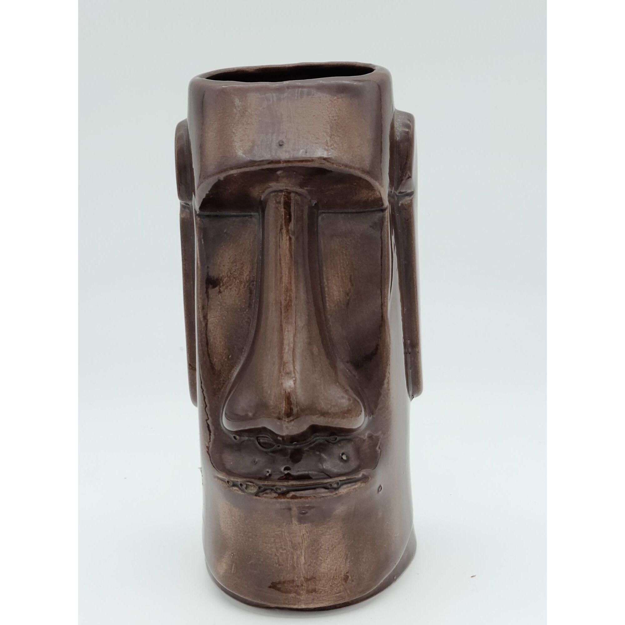 Vintage Tiki Chalkware Vase Hawaiian Easter Island Brown Planter Signed ...