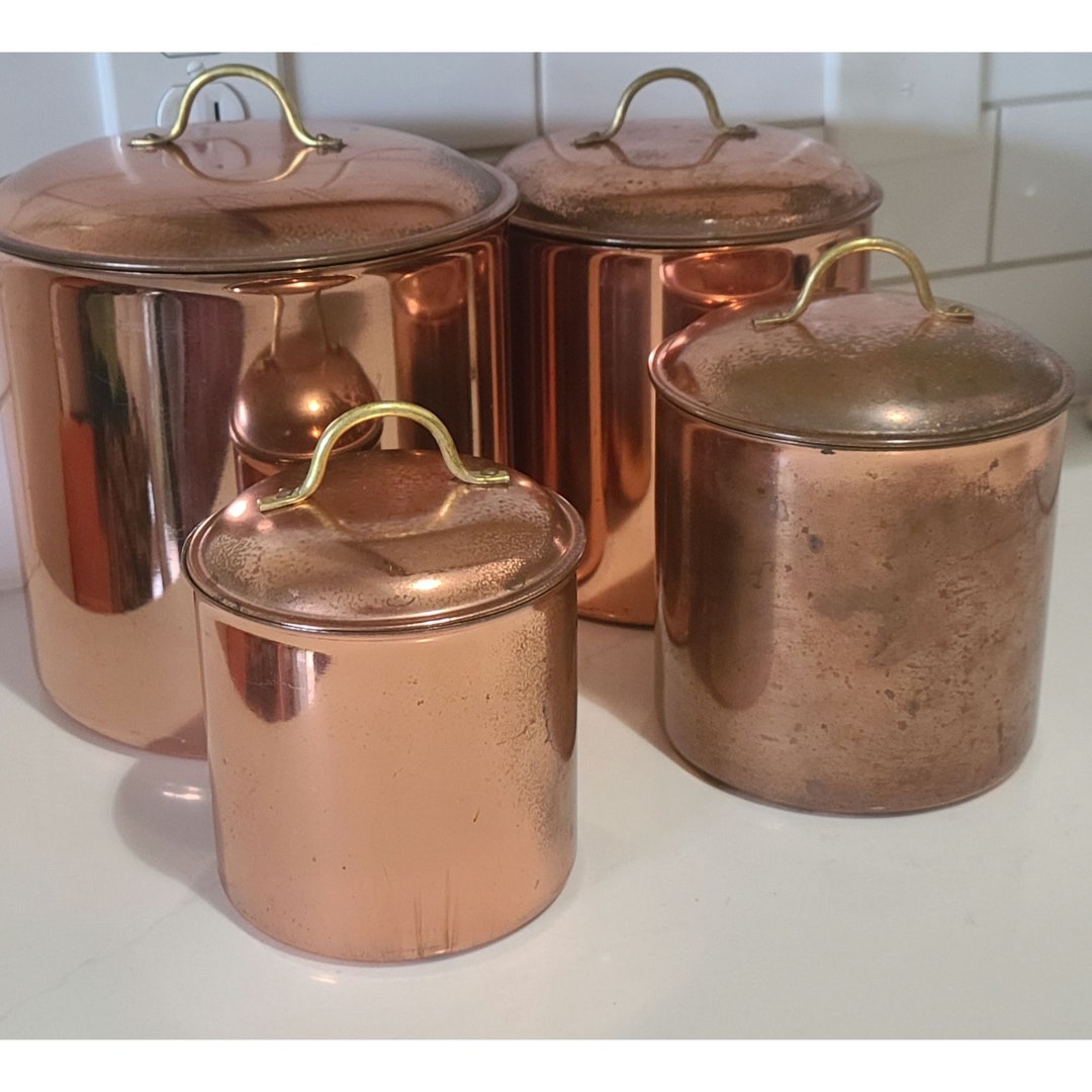 Vintage Copper Brass Canister Set Lid 8 Pc Nesting Rustic Kitchen ...