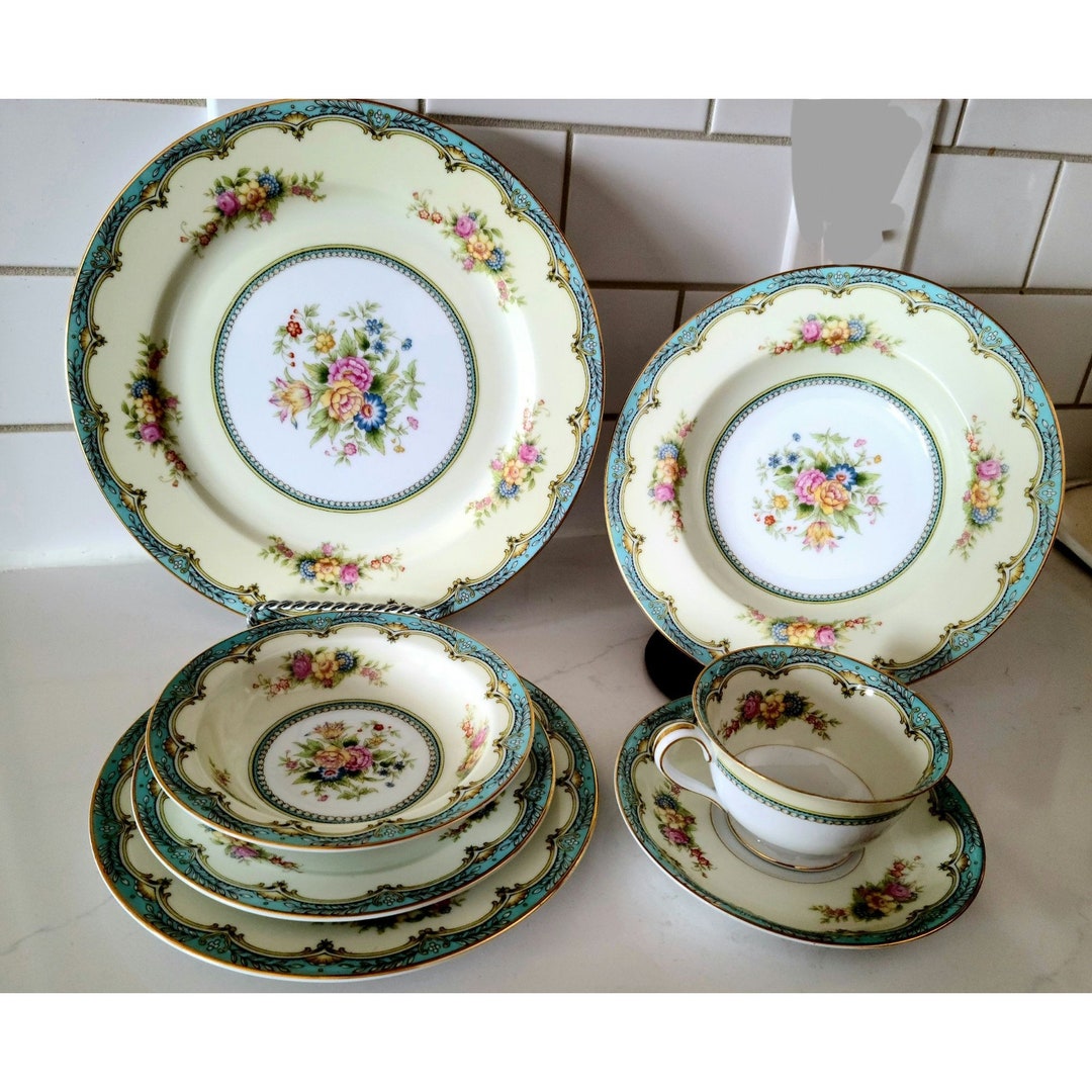 Noritake Rutland 7PC Place Setting China Aqua Edge Yellow Scrolls ...
