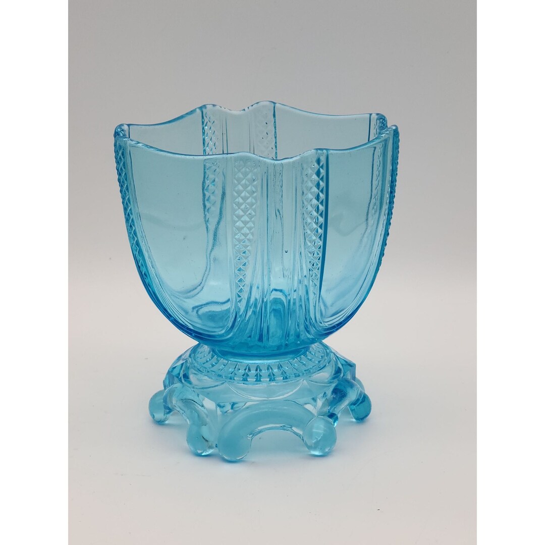 Antique Azure Blue Glass Vase Diamond Point Loop Sugar Bowl Mid 1800s ...