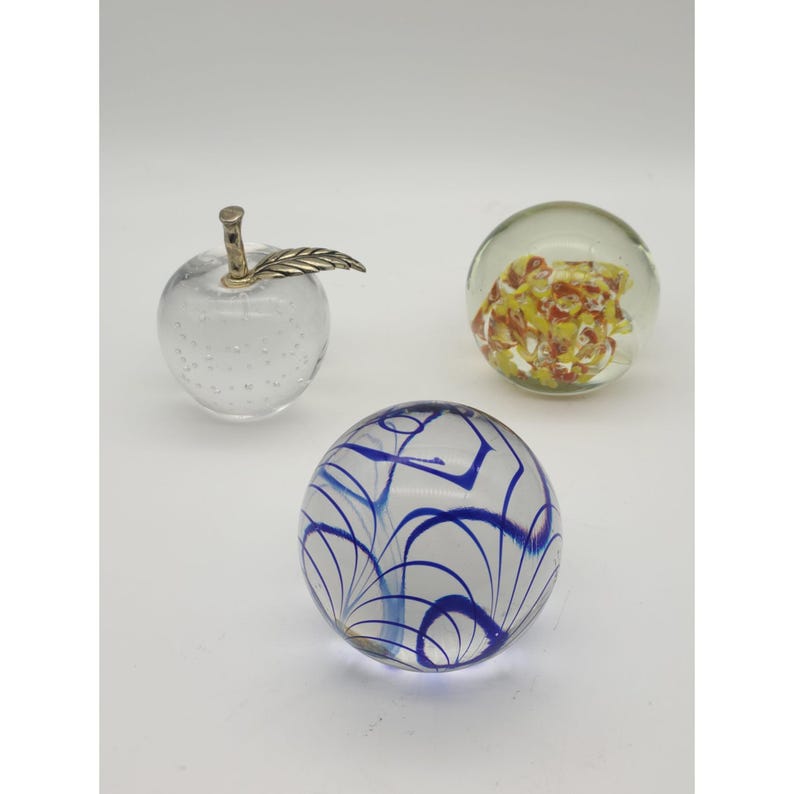 Vintage Paperweight Art Glass Apple Round Lot Blue Yellow Orange Orb ...