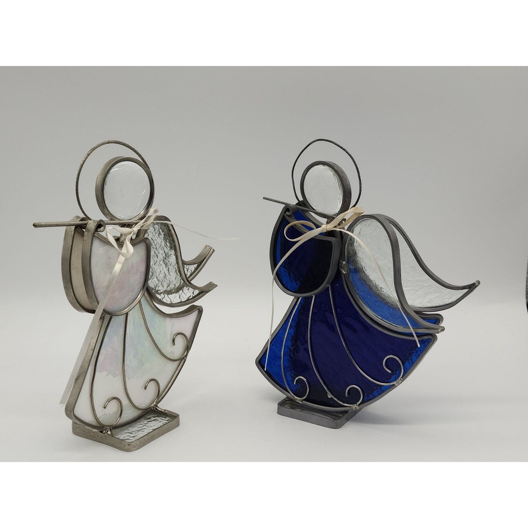 Vintage Stained Glass Angel Chorus Flute Xmas Nickel Plated Cobalt Blue ...