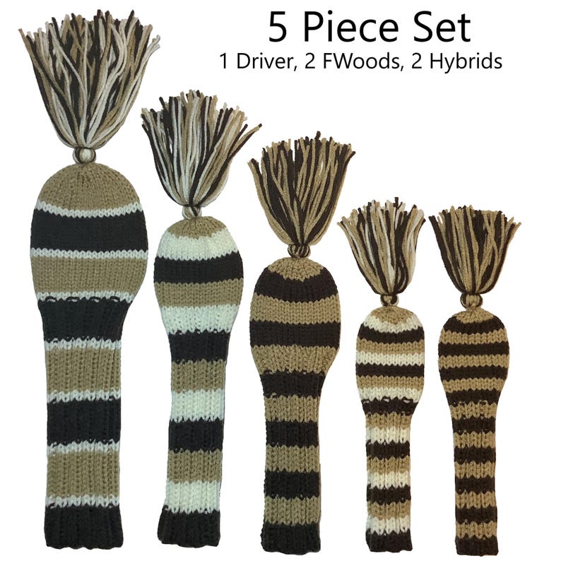 Golf Club Headcovers 5 Piece Set Brown, Taupe and Ivory Stripe for ...