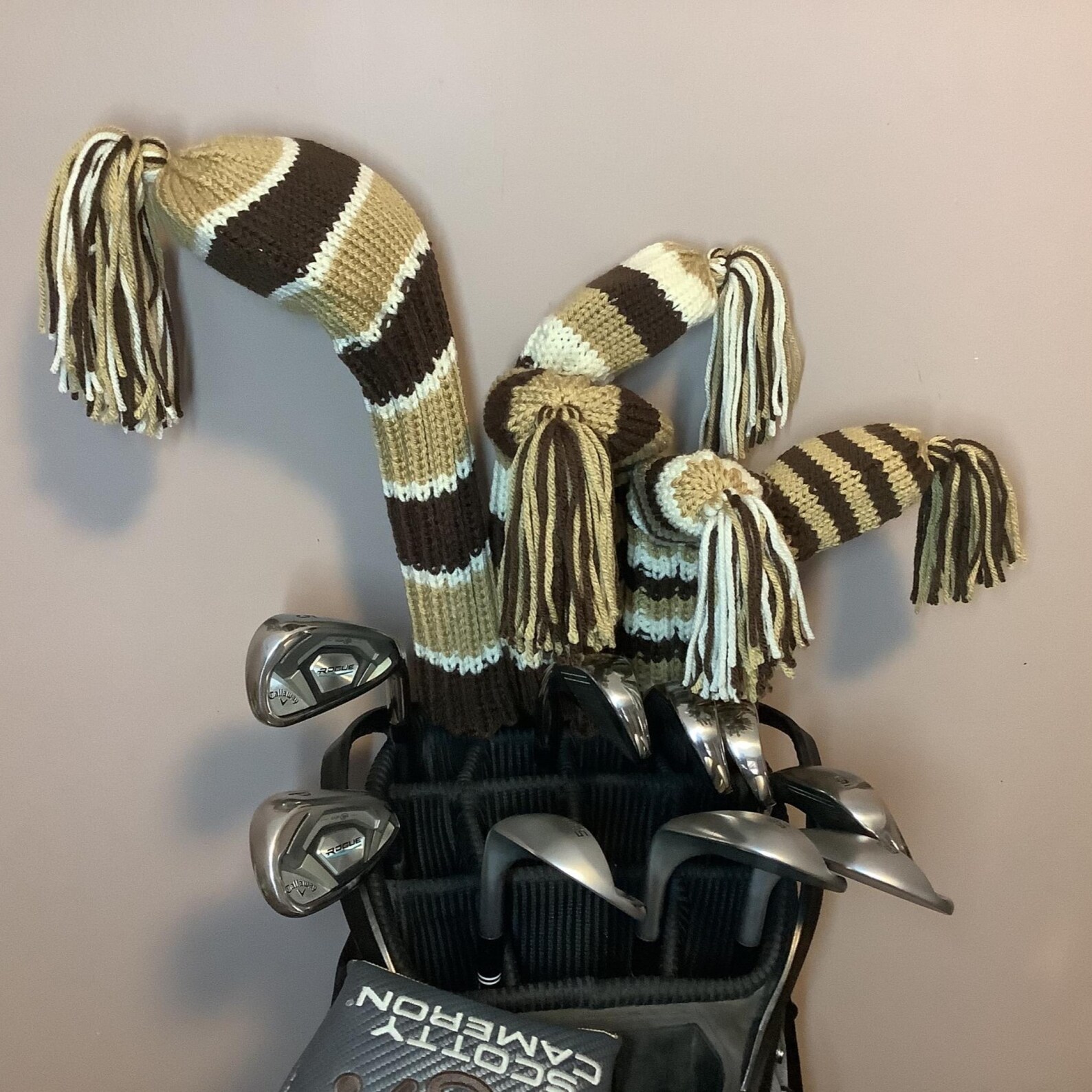 Golf Club Headcovers 5 Piece Set Brown, Taupe and Ivory Stripe for ...