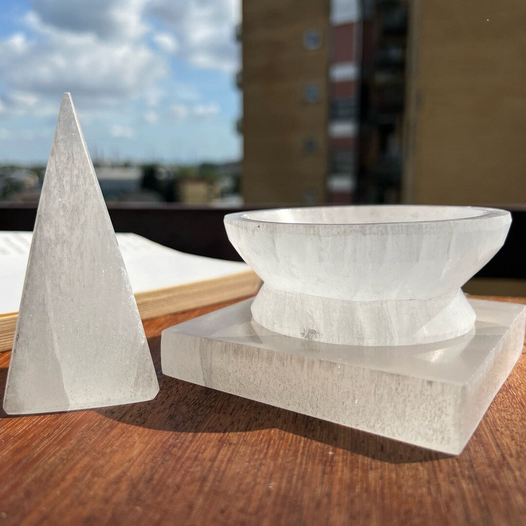 Selenite Square Charging, Selenite Pyramid and Selenite Round Bowl - Etsy
