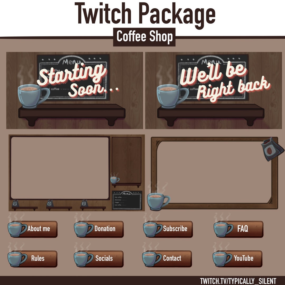 Animated Simple Coffee Shop Cafe Twitch Overlay Package, Webcam Border ...