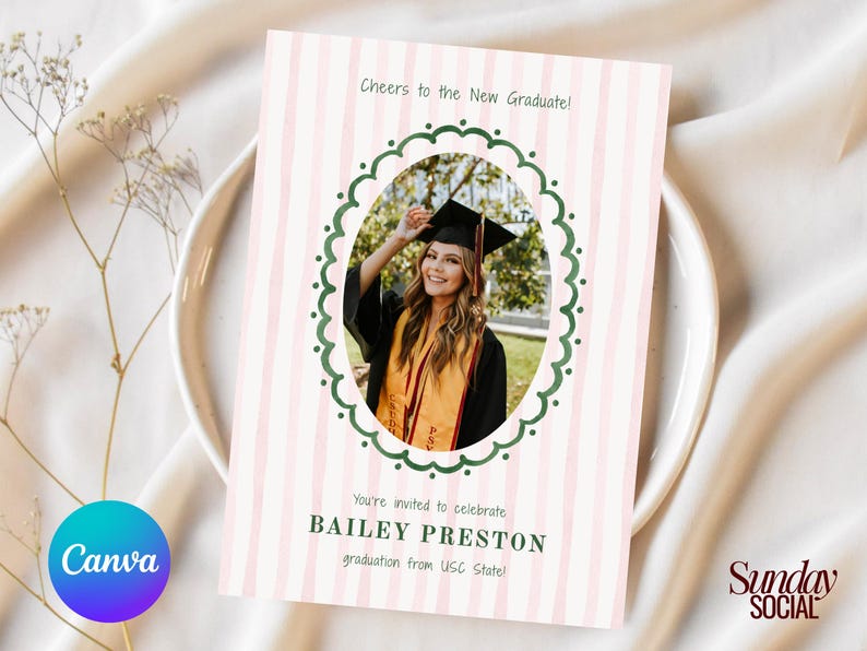 Graduation Party Invite, Preppy Pink Green Doodle Grad Canva Template ...