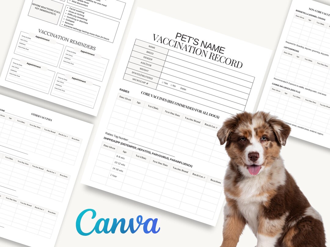 Dog Vaccination Record | Pet Health Tracker, Editable Canva Template ...