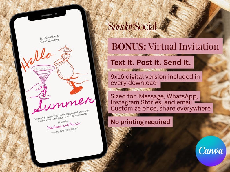 Hello Summer Party Invite, Summer Cocktail Hour Invitation, 5x7 ...