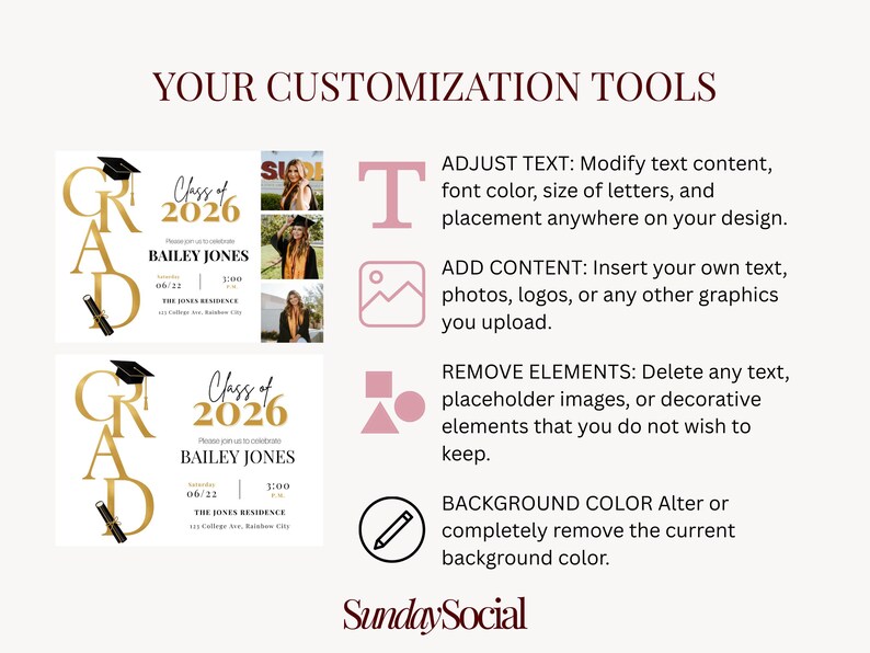 Gold Graduation Invitation Template, Class of 2026, Canva Editable (5x7 ...
