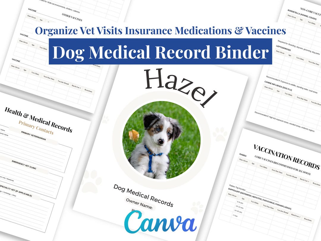 Dog Medical Binder Vet Tracker Health Records Log Insurance Canva ...