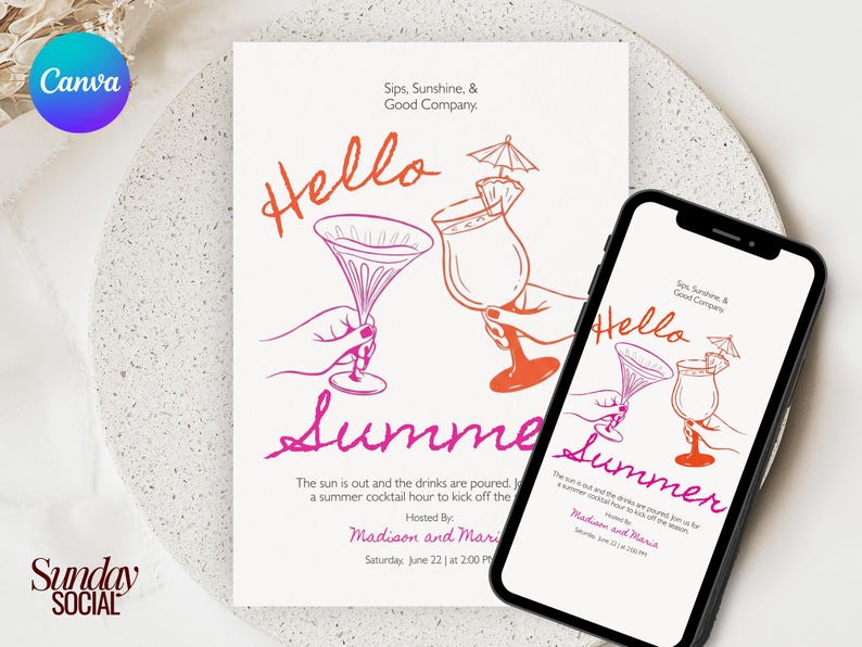 Hello Summer Party Invite, Summer Cocktail Hour Invitation, 5x7 ...
