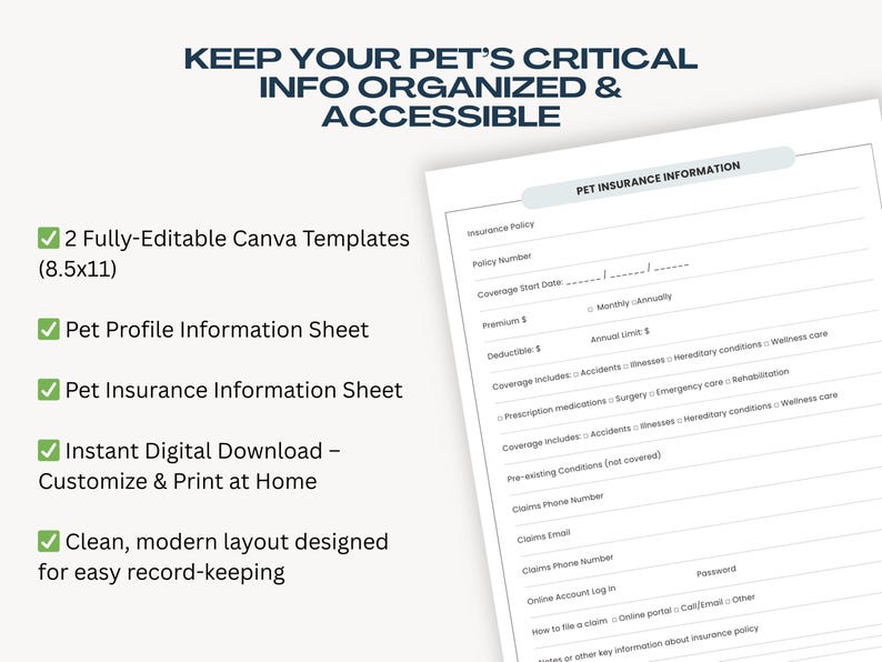 Pet Profile Dog/cat Binder Template Insurance Medical History Canva ...