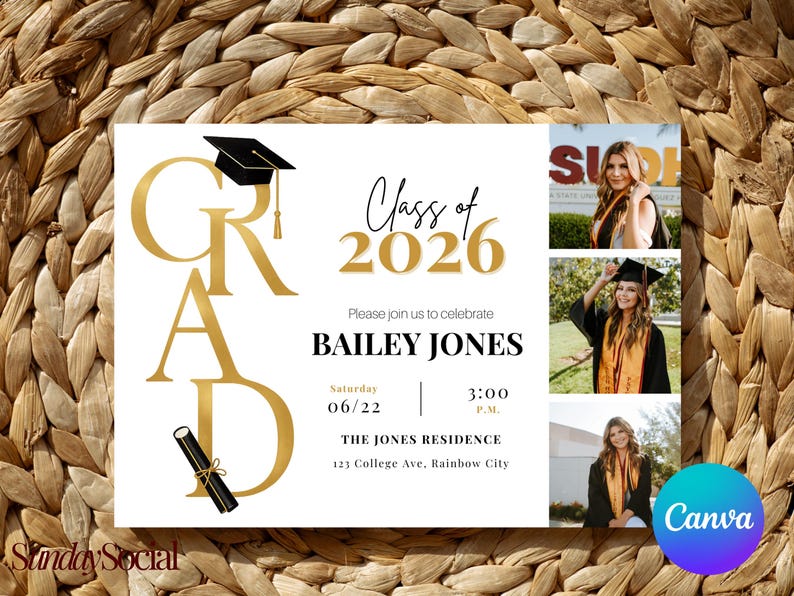 Gold Graduation Invitation Template, Class of 2026, Canva Editable (5x7 ...