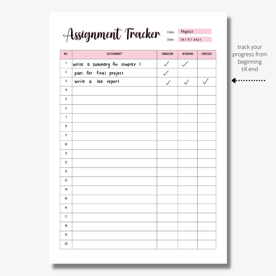 Assignment Tracker Printable for Student Homework Tracker | Etsy