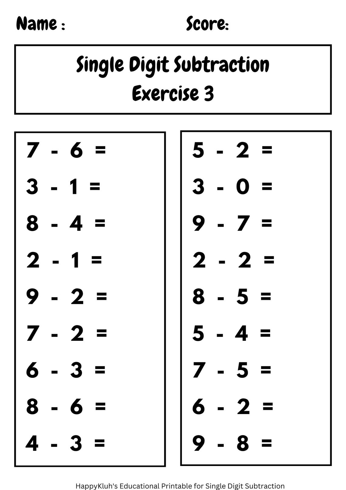 30 Printable Single Digit Subtraction Worksheets. 1 Free Page ...