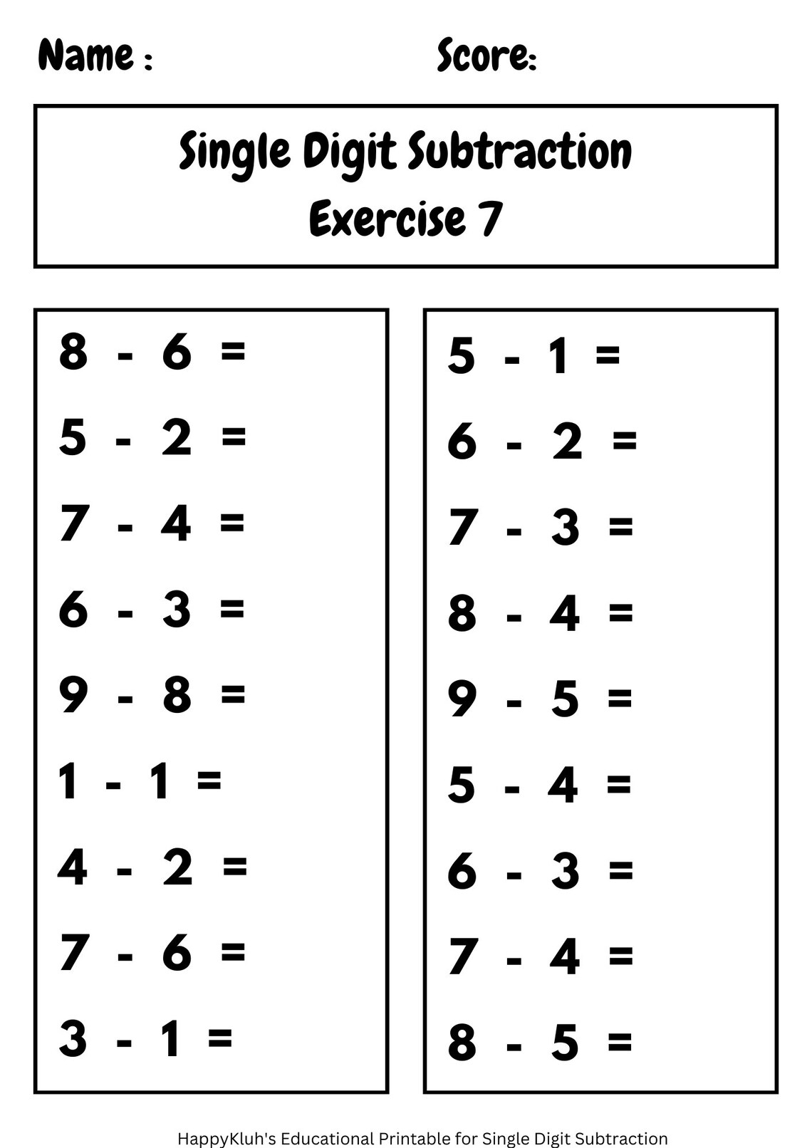 30 Printable Single Digit Subtraction Worksheets. 1 Free Page ...