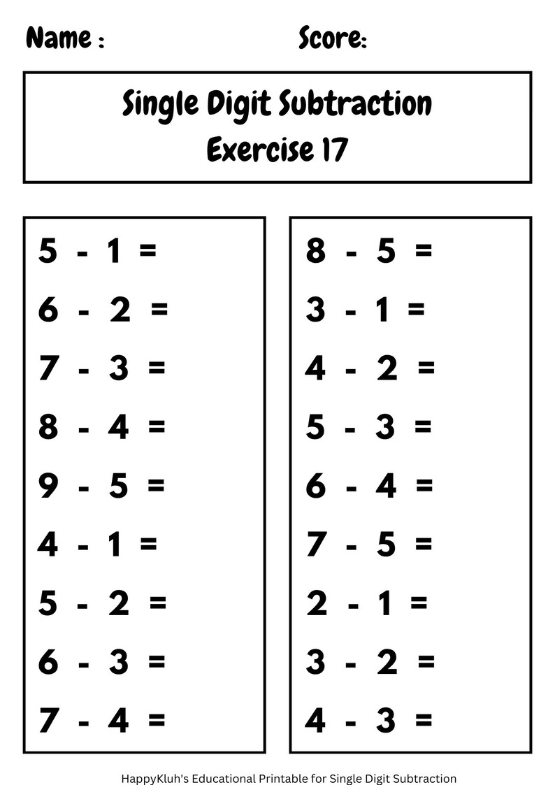 30 Printable Single Digit Subtraction Worksheets. 1 Free Page ...