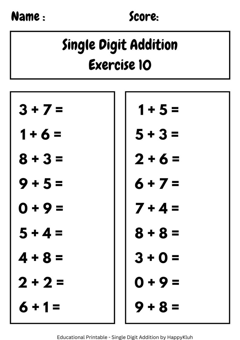 30 Printable Single Digit Addition Worksheets. Preschool-2nd Grade Math ...