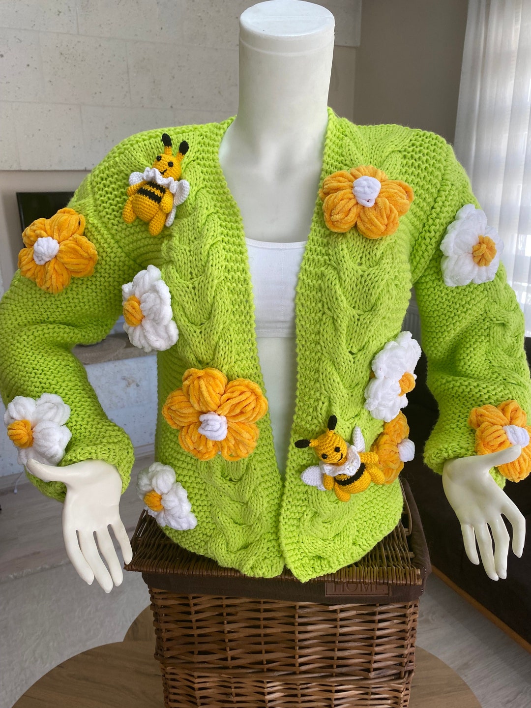 Hand Knit Chunky Bee Cardigan, Neon Green Floral Jacket - Etsy