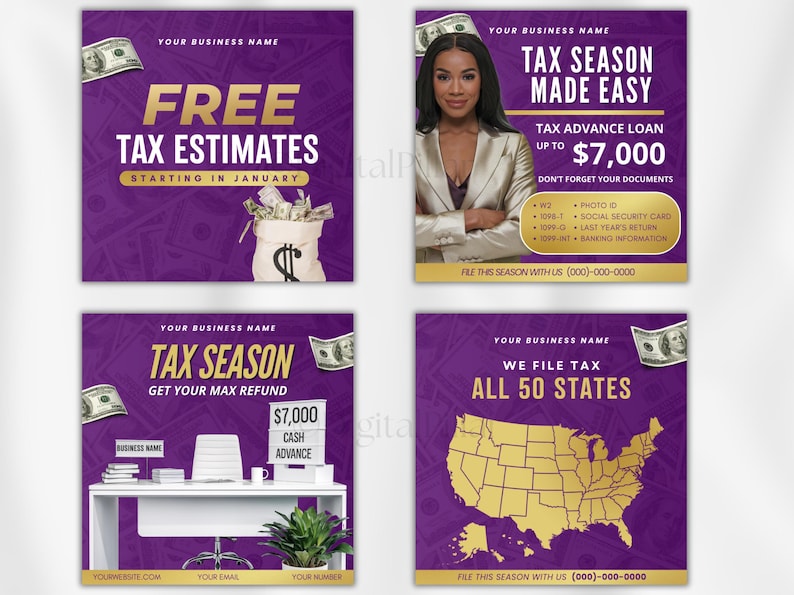 Tax Prep Flyers Bundles Purple and Gold | 20 Purple Tax Prep Flyers ...