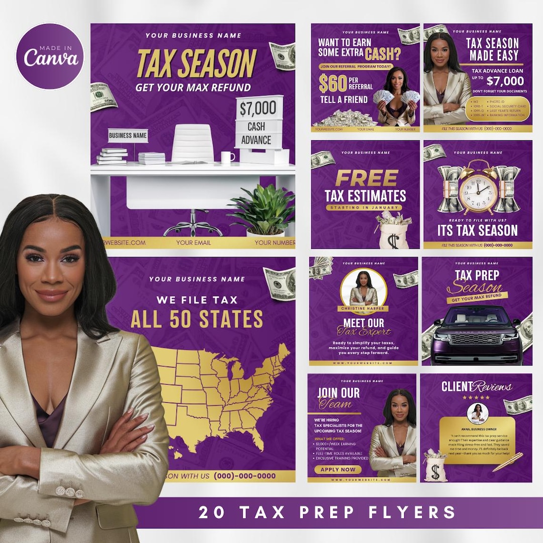 Tax Prep Flyers Bundles Purple and Gold | 20 Purple Tax Prep Flyers ...
