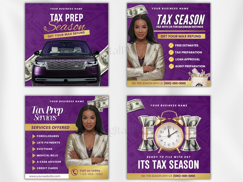 Tax Prep Flyers Bundles Purple and Gold | 20 Purple Tax Prep Flyers ...