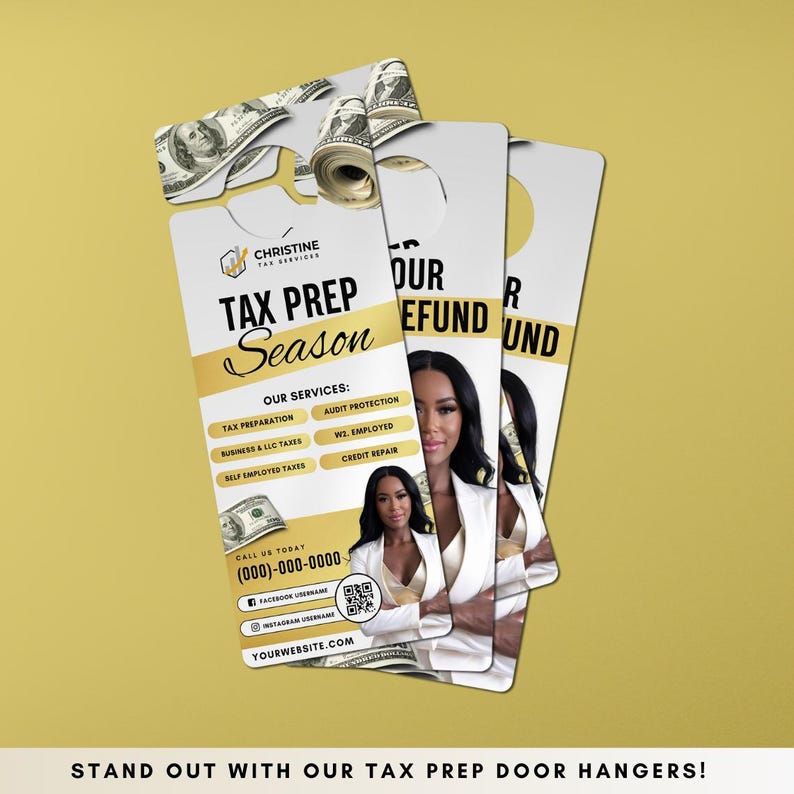 Tax Prep Door Hanger Template | White & Gold Tax Prep Door Hanger | Tax ...