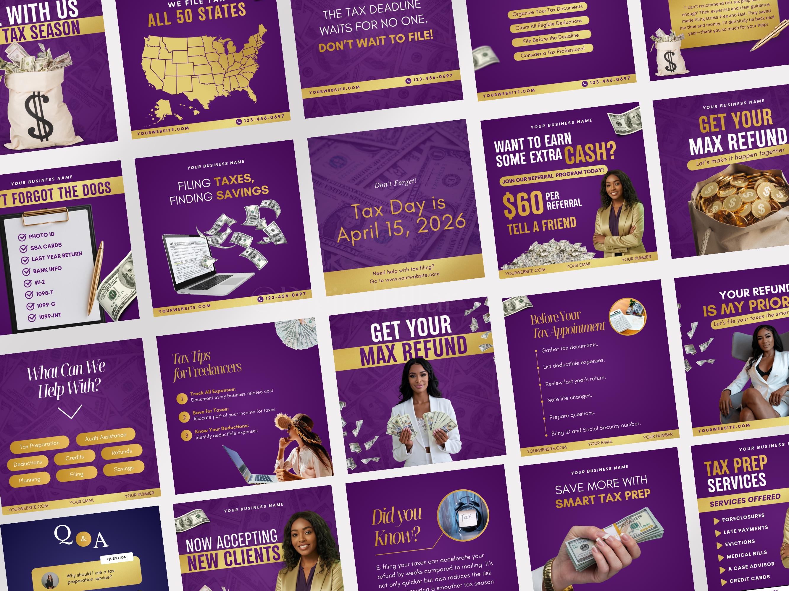 300 Purple and Gold Tax Prep Instagram Templates | Tax Preparer Flyers ...