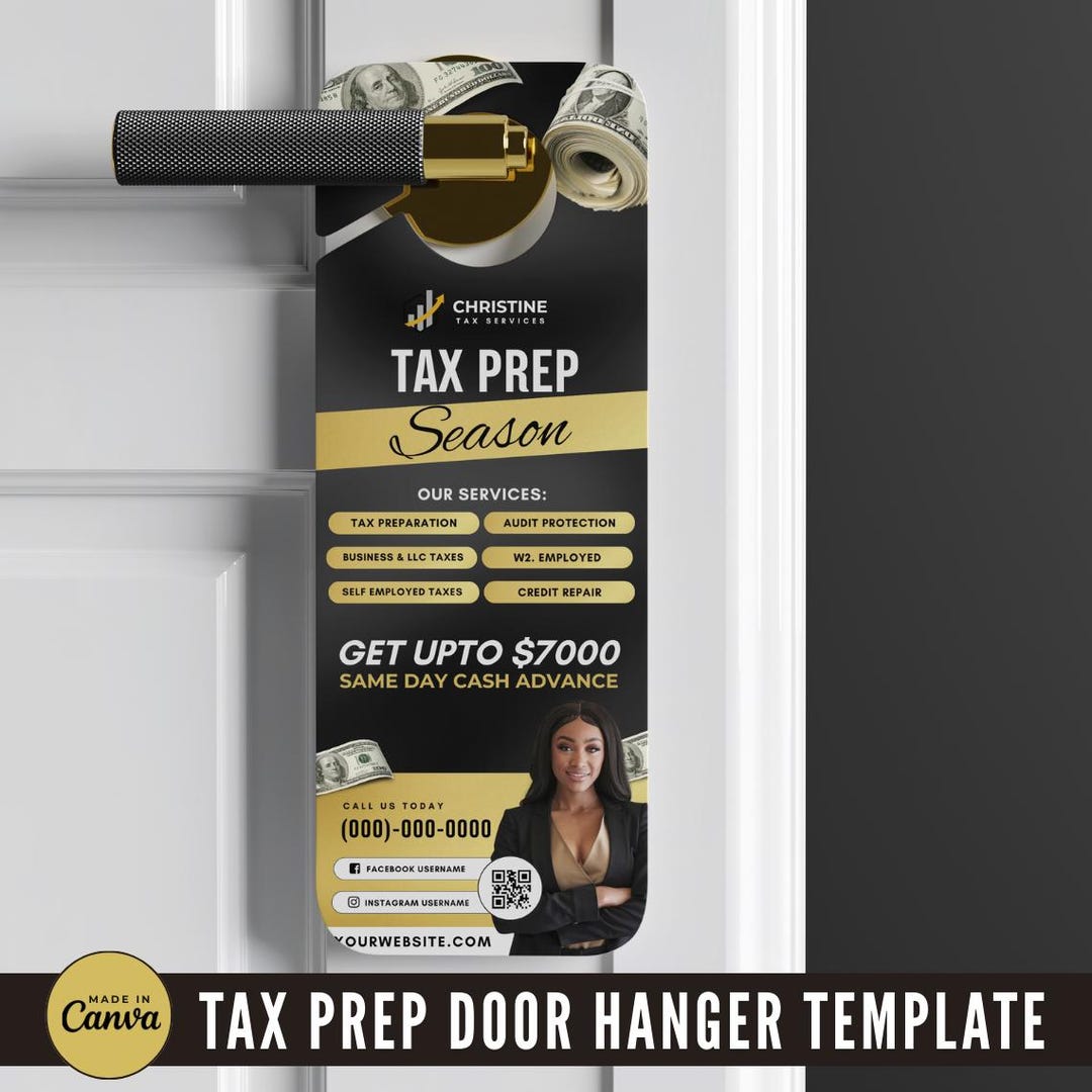 Tax Prep Door Hanger Template | Black & Gold Tax Prep Door Hanger | Tax ...