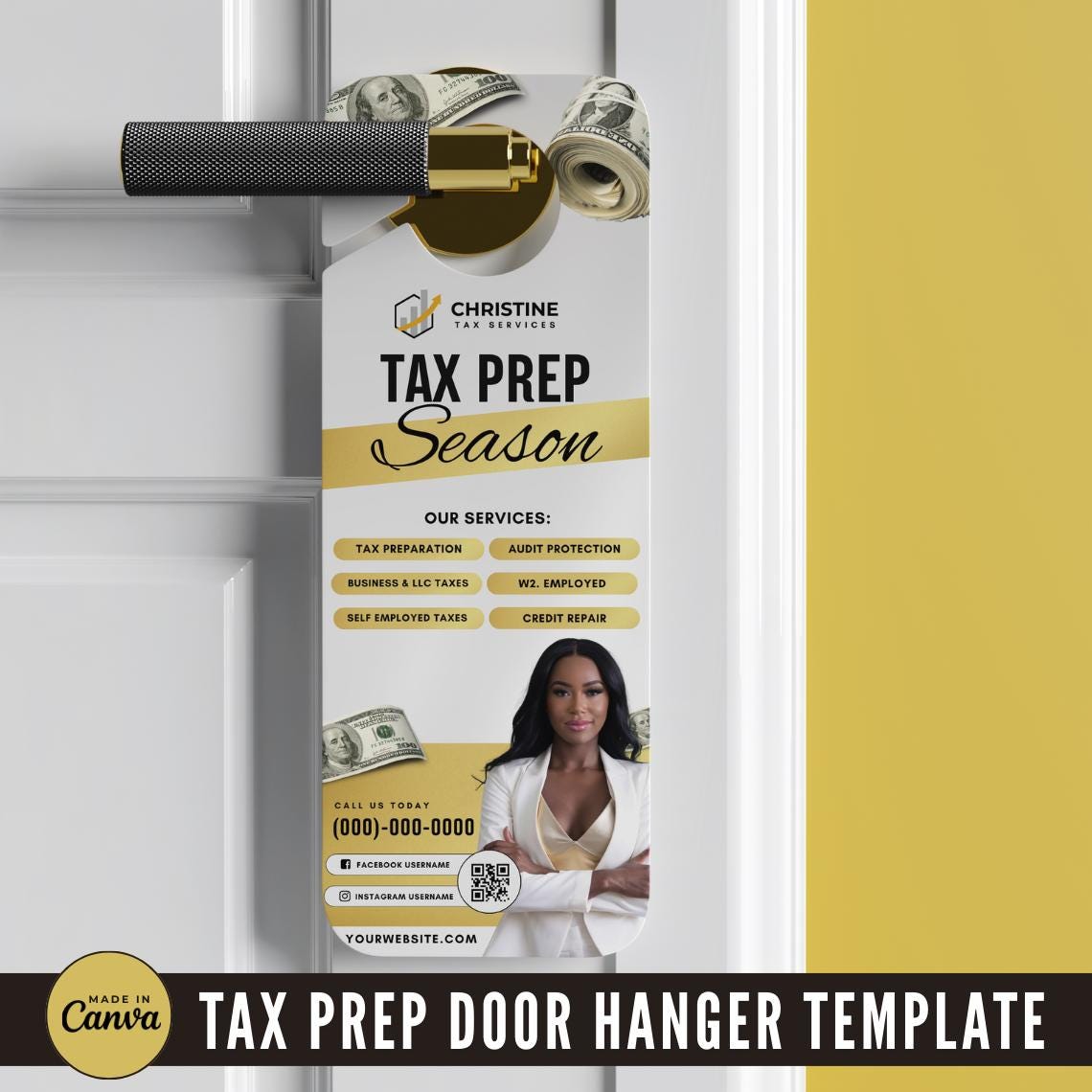 Tax Prep Door Hanger Template | White & Gold Tax Prep Door Hanger | Tax ...