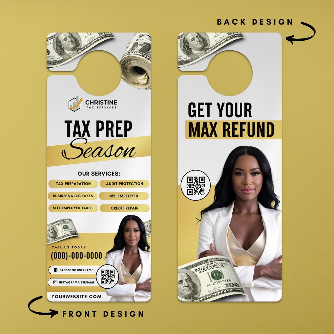 Tax Prep Door Hanger Template | White & Gold Tax Prep Door Hanger | Tax ...
