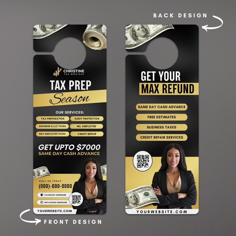 Tax Prep Door Hanger Template | Black & Gold Tax Prep Door Hanger | Tax ...